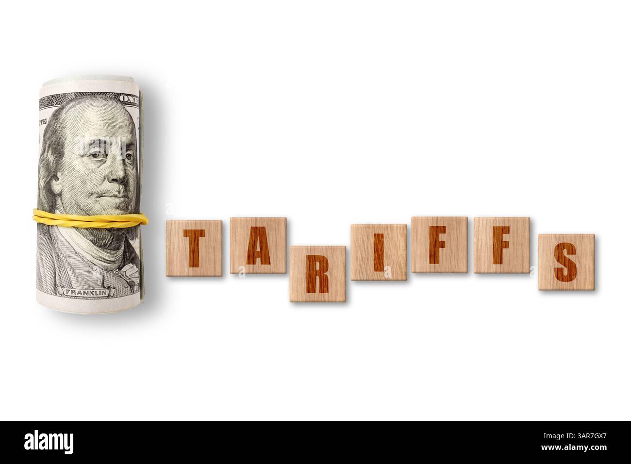 100 dollars on a white background with word TARIFFS. Trade, duty ...
