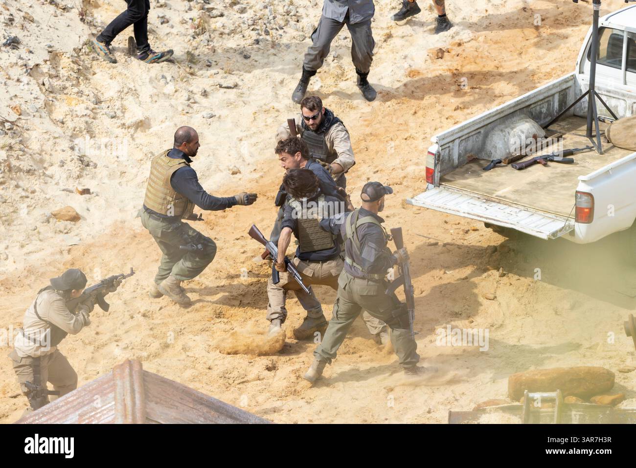 Arron Taylor and Theo James filming Fuze in a Quarry in Kent Stock ...
