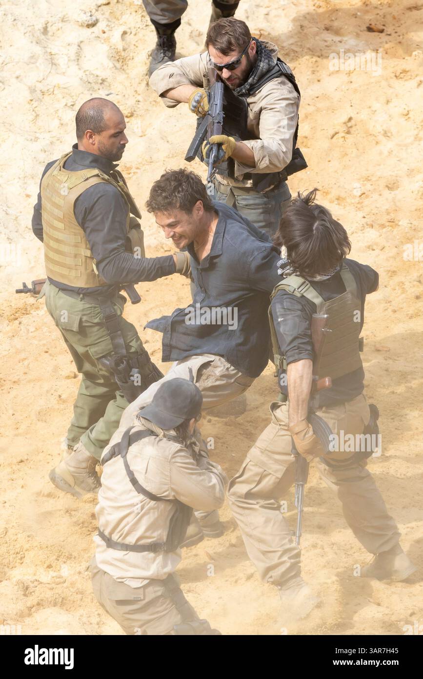 Arron Taylor and Theo James filming Fuze in a Quarry in Kent Stock ...