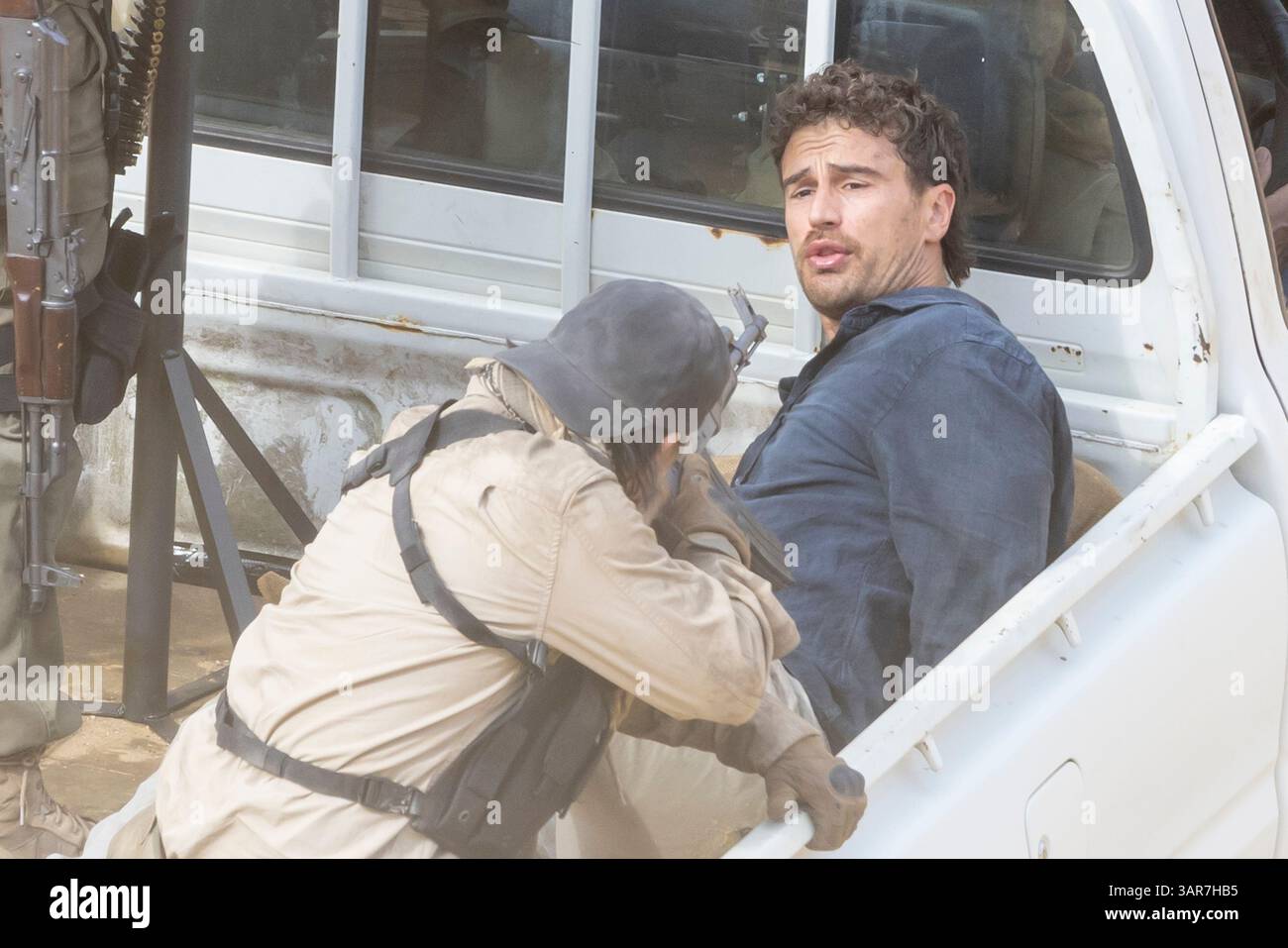 Arron Taylor and Theo James filming Fuze in a Quarry in Kent Stock ...