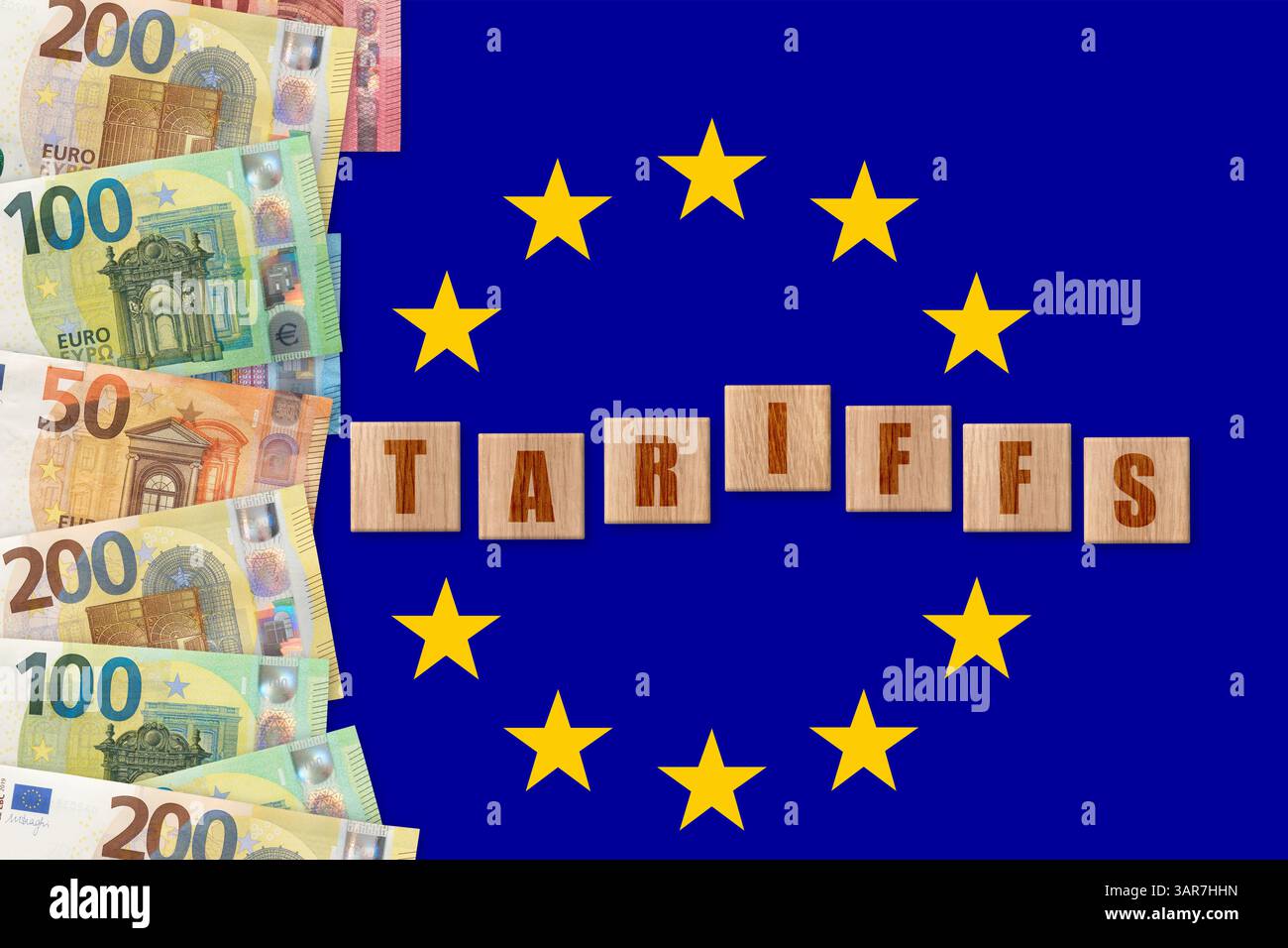 Euros on a white background with word TARIFFS. Trade, duty, customs and ...