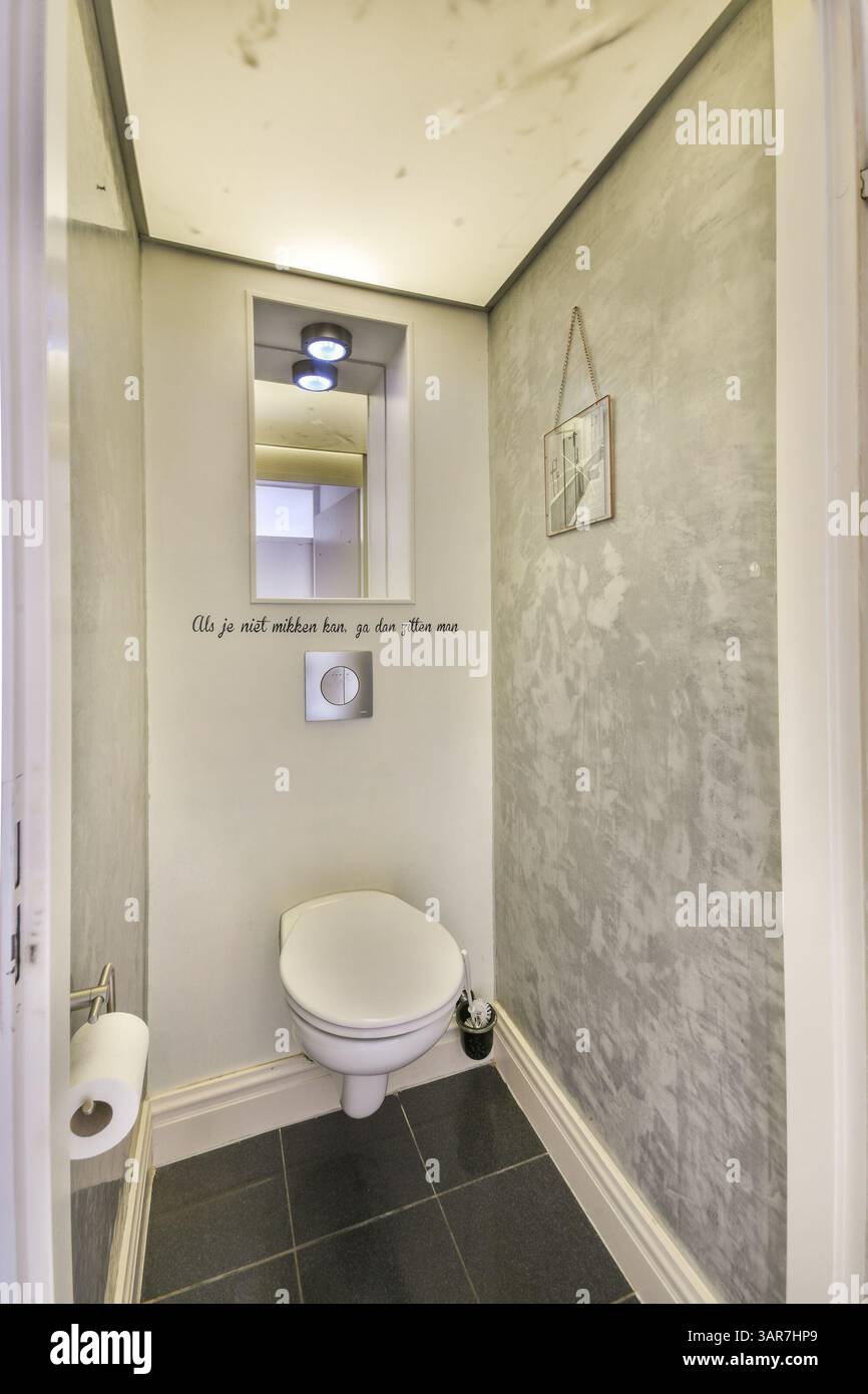 A stylish minimalist bathroom featuring a sleek toilet, modern wall ...