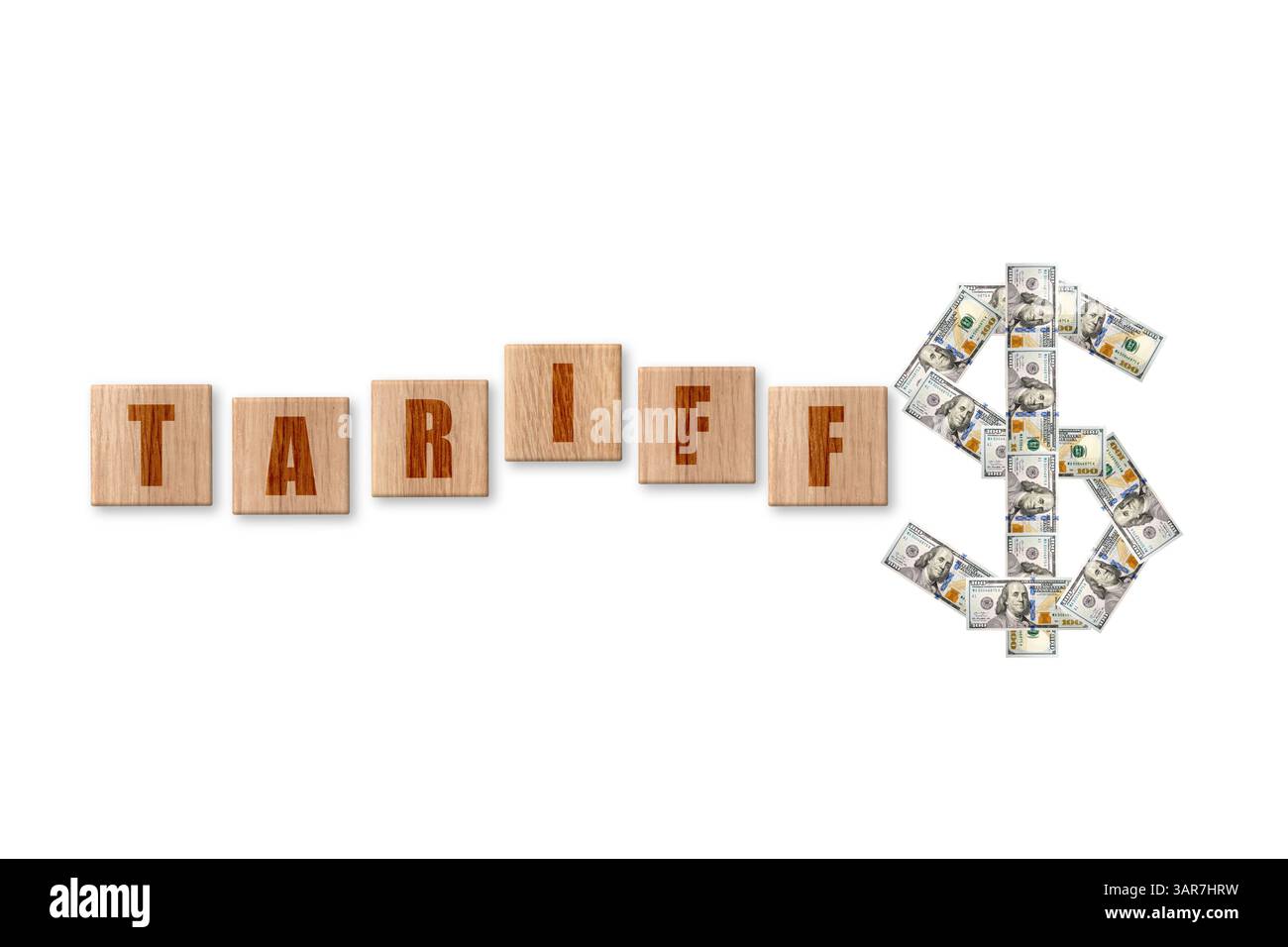 Dollars on a white background with word TARIFFS. Trade, duty, customs ...