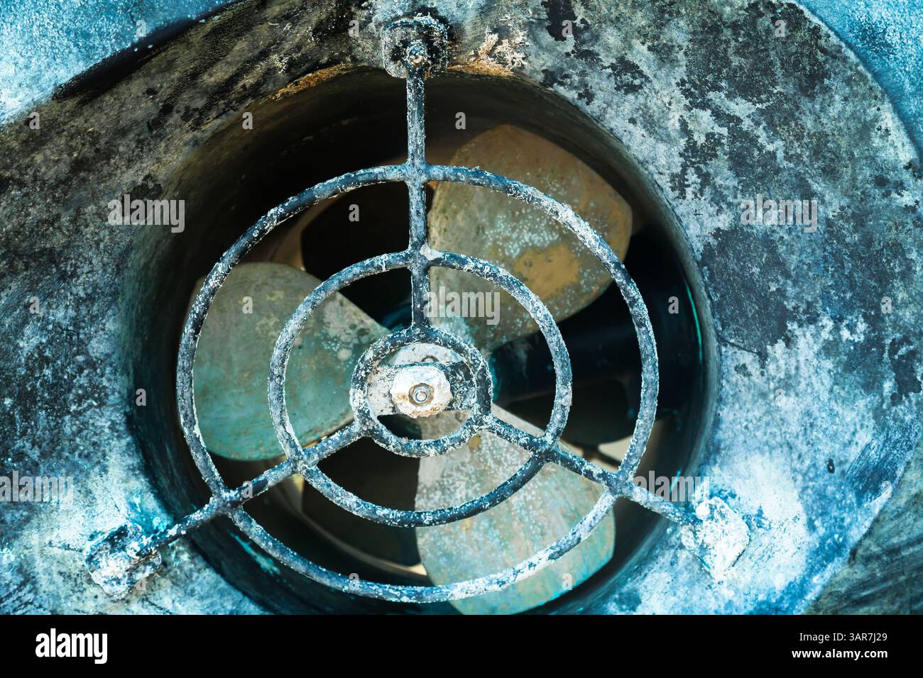 Bow thruster on the ship's hull. Propeller in the tunnel of the yacht ...