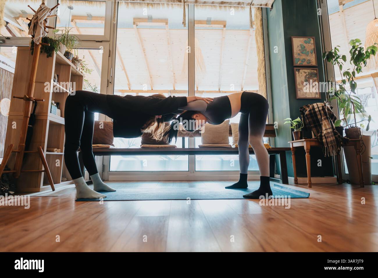 Two individuals practicing yoga stretches together in a cozy indoor ...