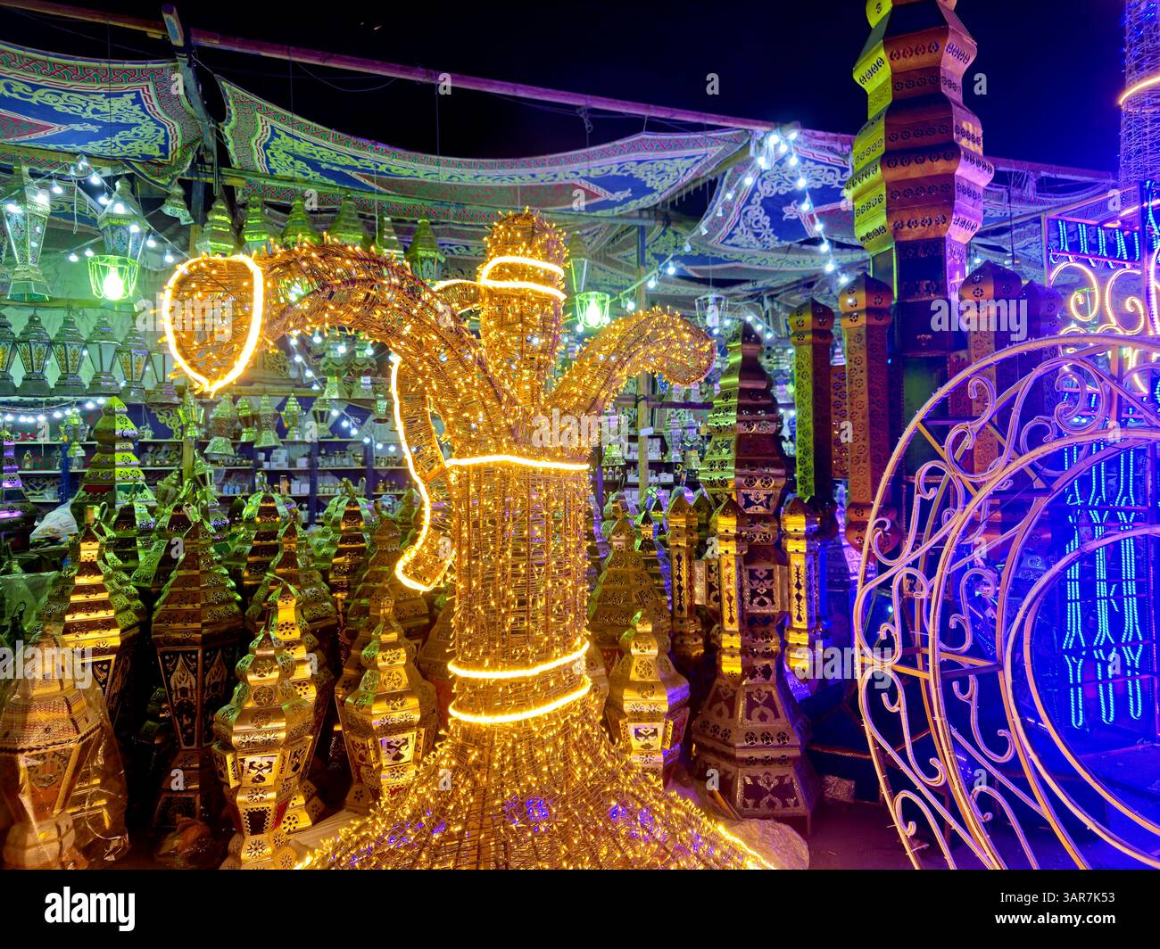 Cairo, Egypt, March 21 2025: Festive decorations in Egyptian streets for Ramadan month in led ...