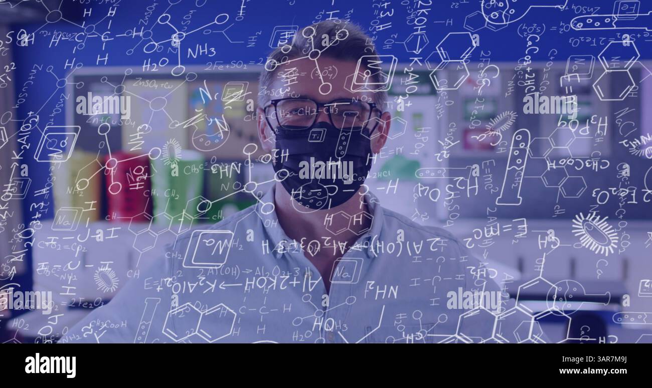 Image of mathematical equations over caucasian male teacher with face ...