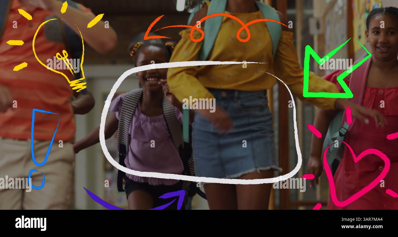 Image of school items icons over happy running schoolchildren Stock ...