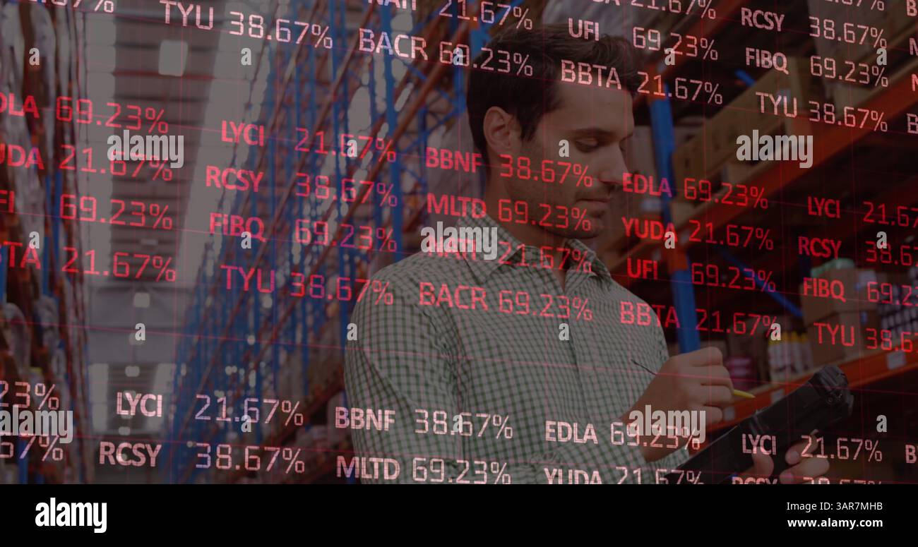 Image of stock market over caucasian worker in warehouse Stock Photo ...