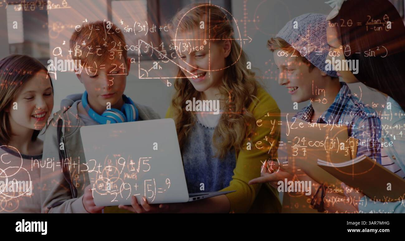 Image of mathematical formulas over students using computers Stock ...