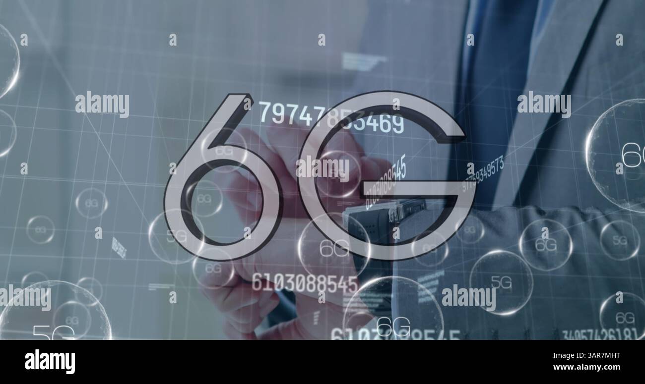 Image of 6g and 5g texts with numbers over caucasian businessman ...