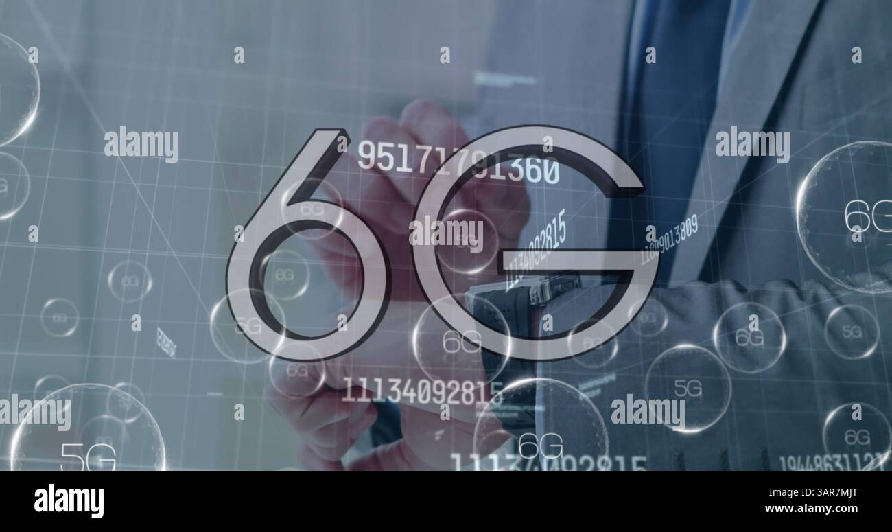 Image of 6g and 5g texts with numbers over caucasian businessman ...