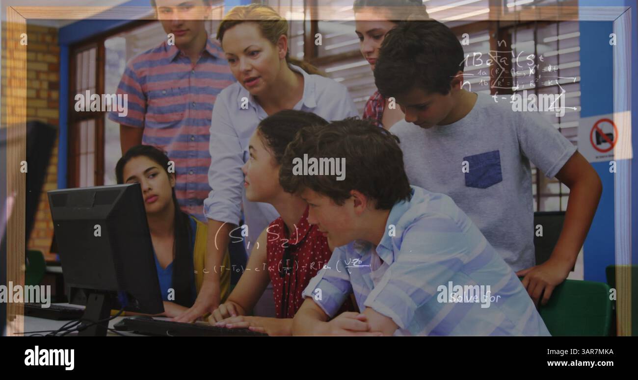 Image of mathematical formulas over students in classroom Stock Photo ...