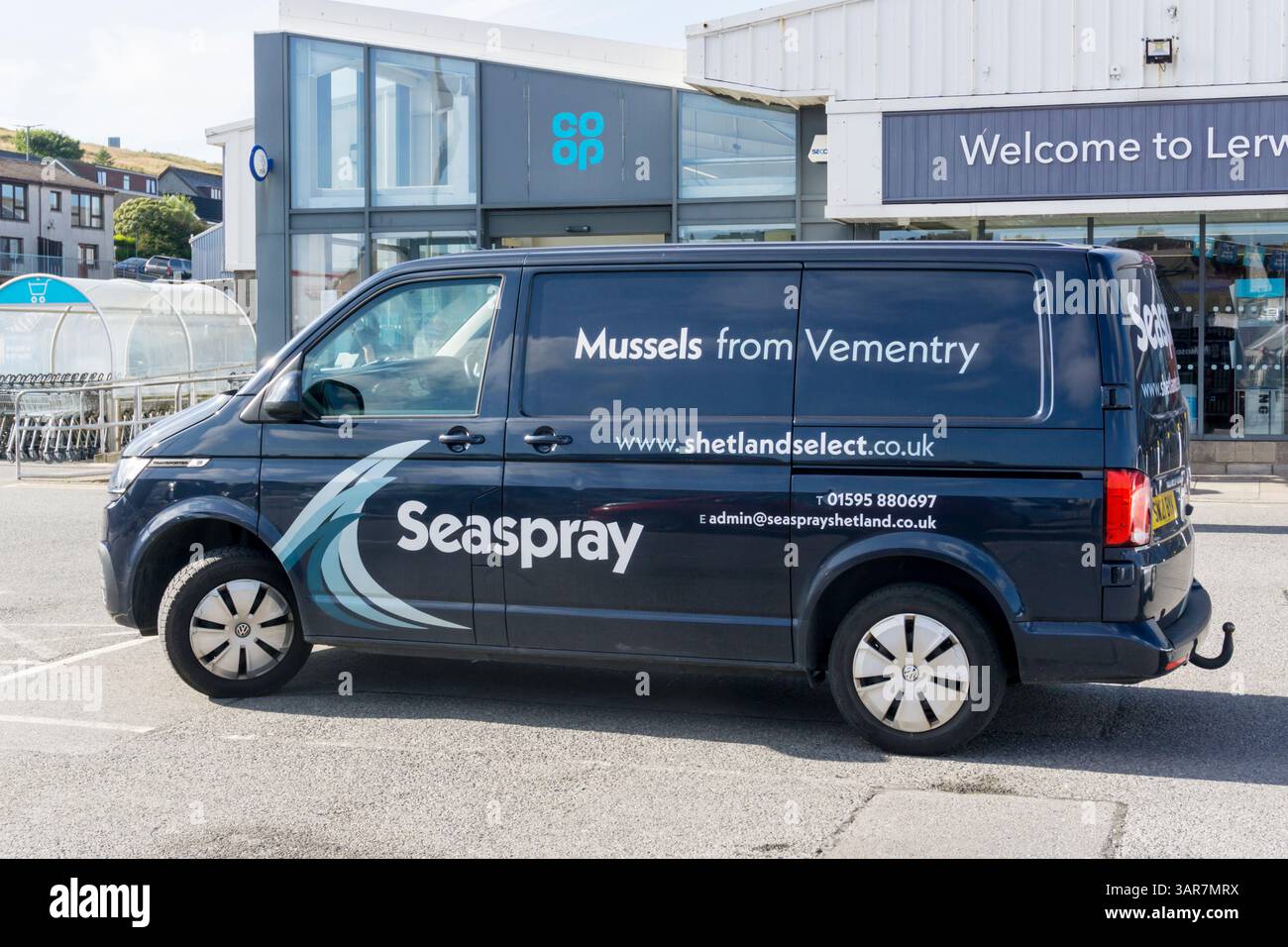 A Shetland Select van advertising Mussels from Vementry, outside ...