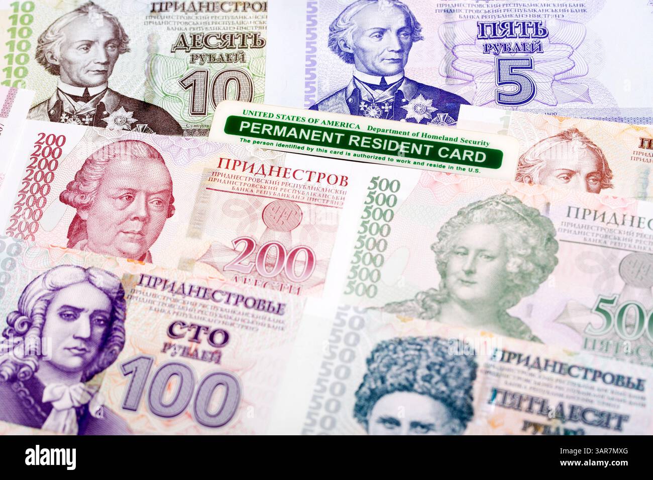 American permanent resident card on Transnistrian money - ruble Stock ...
