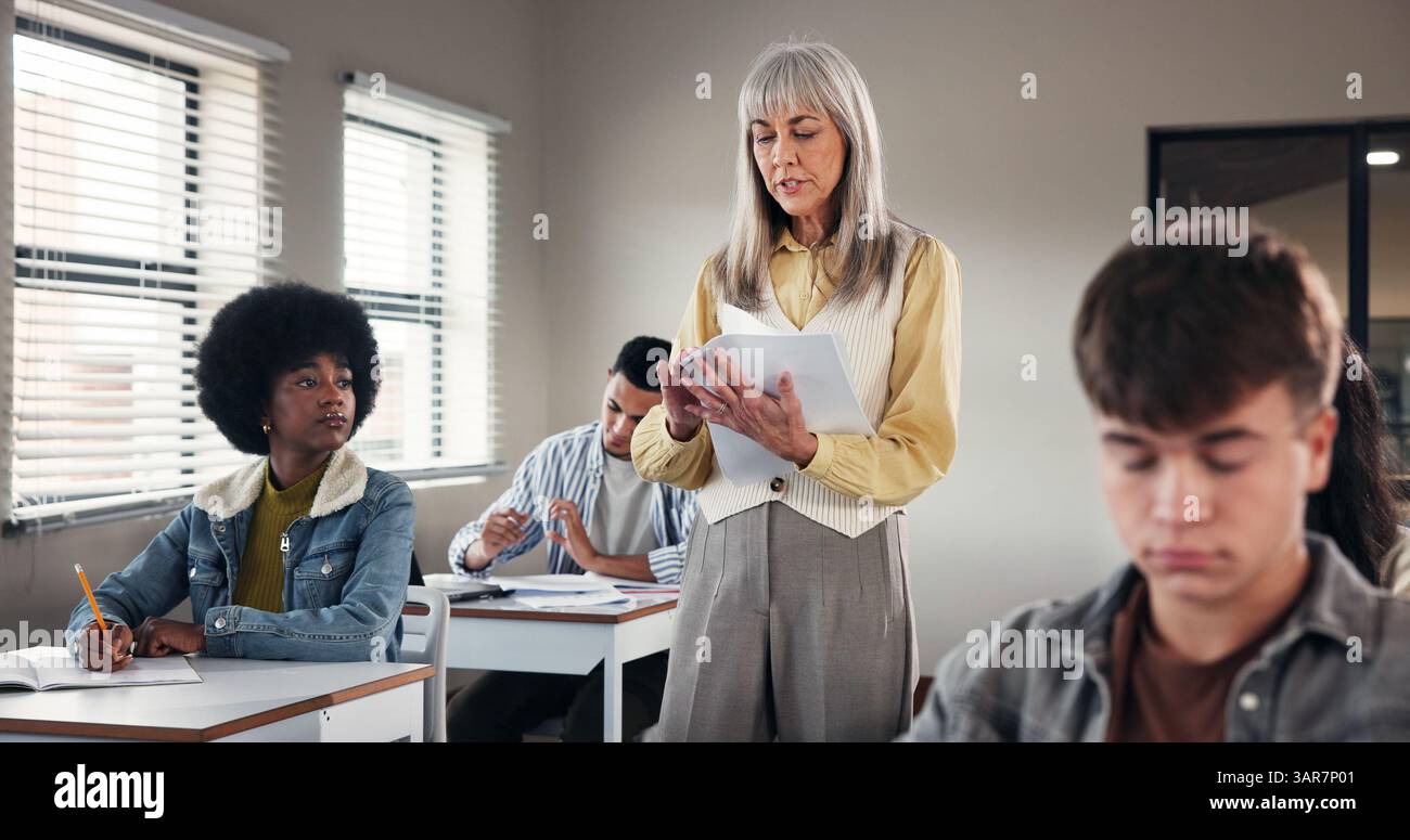Exam, high school and teacher in classroom with test, paper and ...