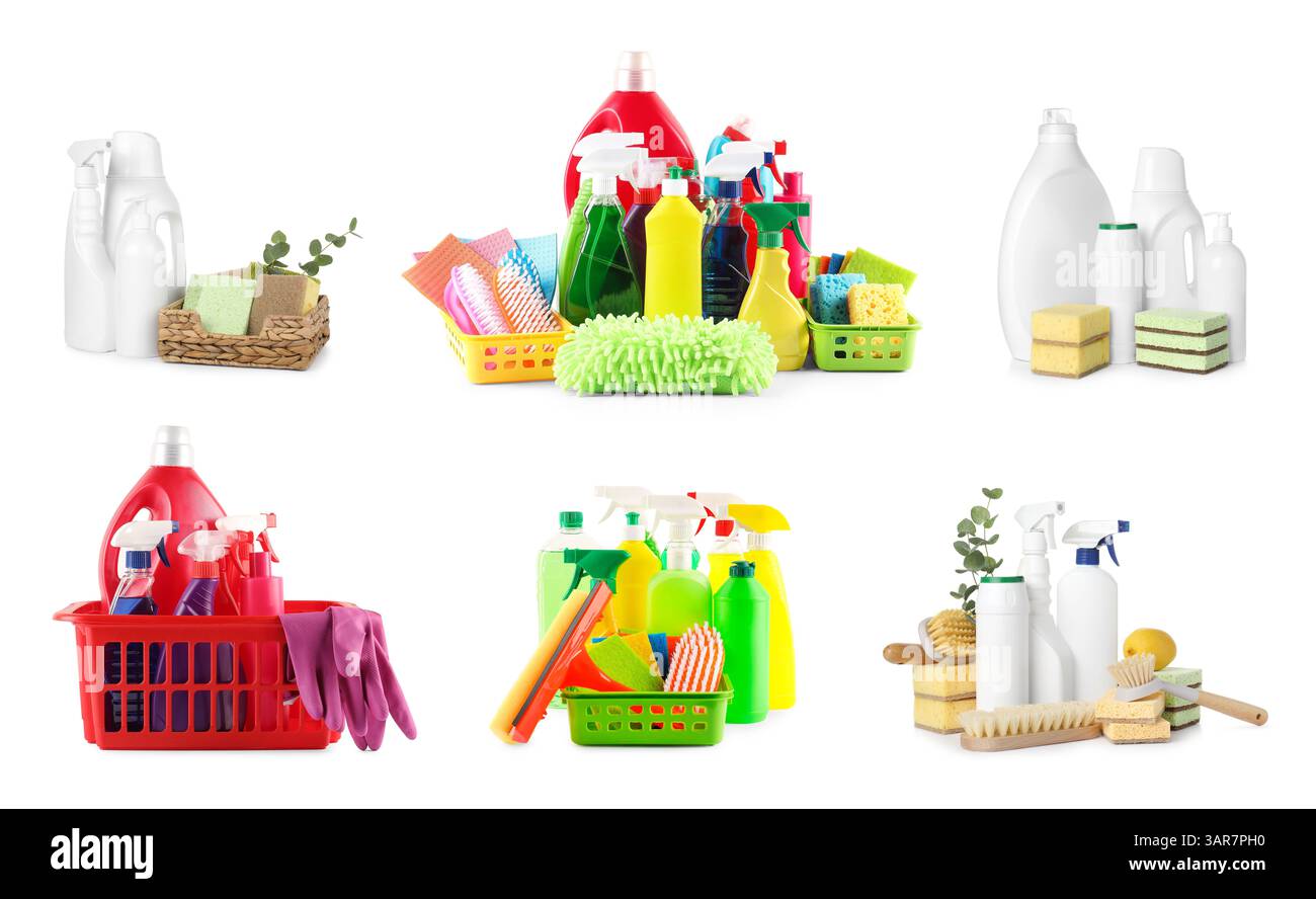 Different cleaning products on white background, collage Stock Photo ...