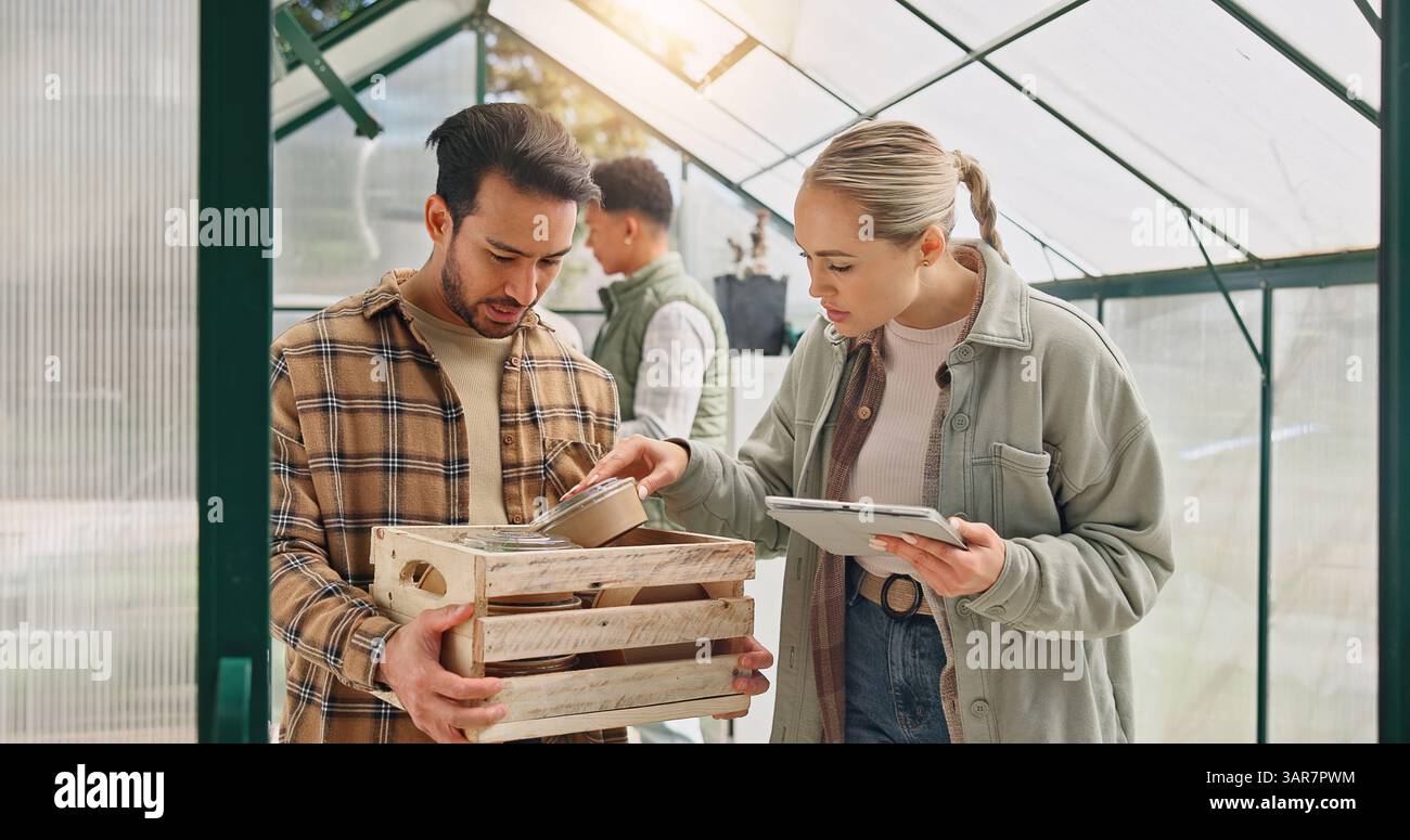 Salad, box and tablet with woman and farmer for food delivery checklist ...
