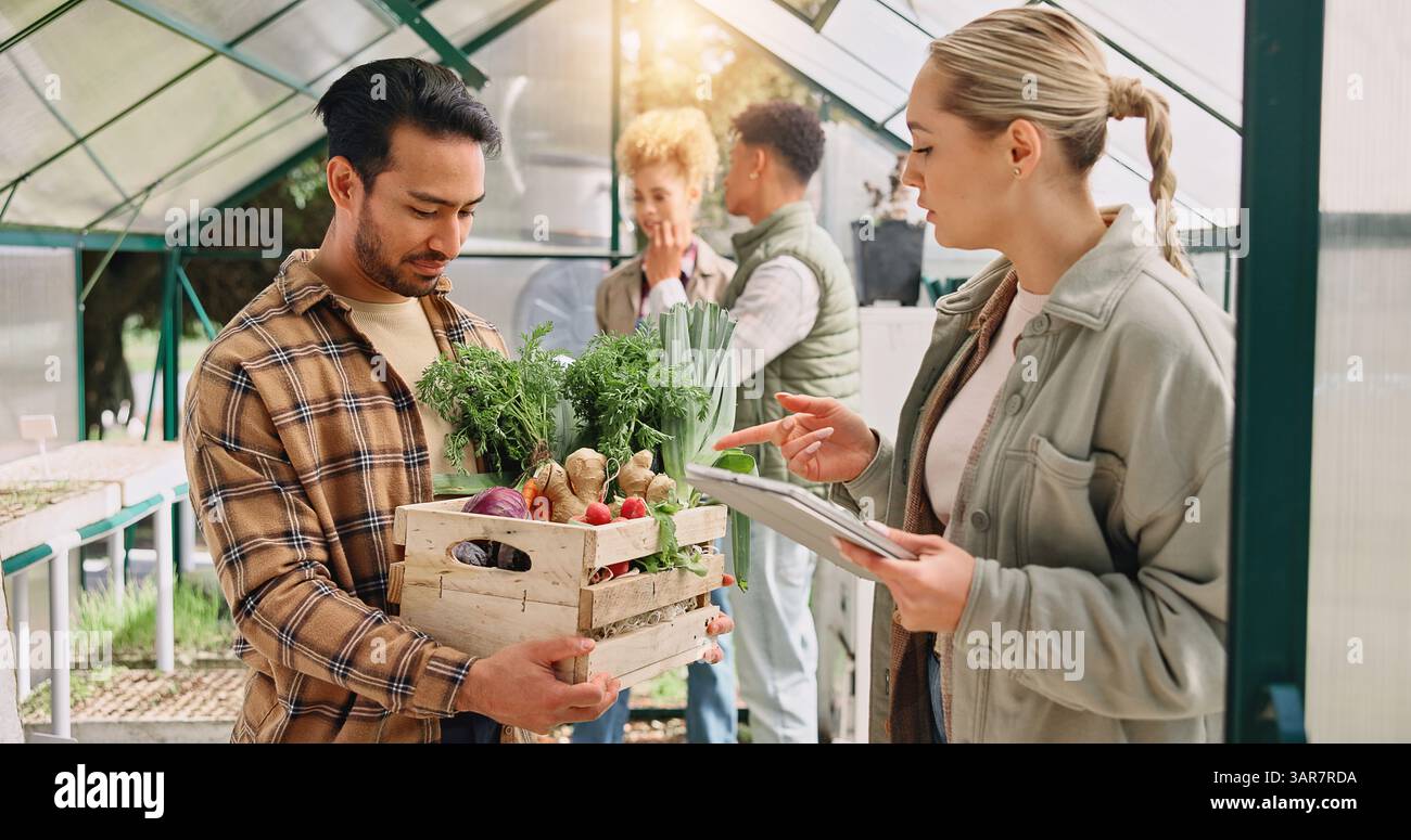 Vegetables, box and tablet with woman on farm for food quality ...