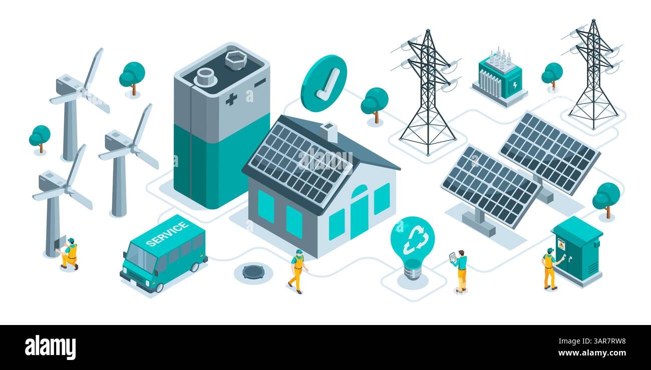 isometric concept of clean energy from the sun and wind in color on a ...