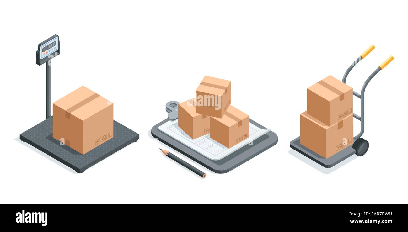 isometric vector warehouse scales with box and tablet with waybill and ...