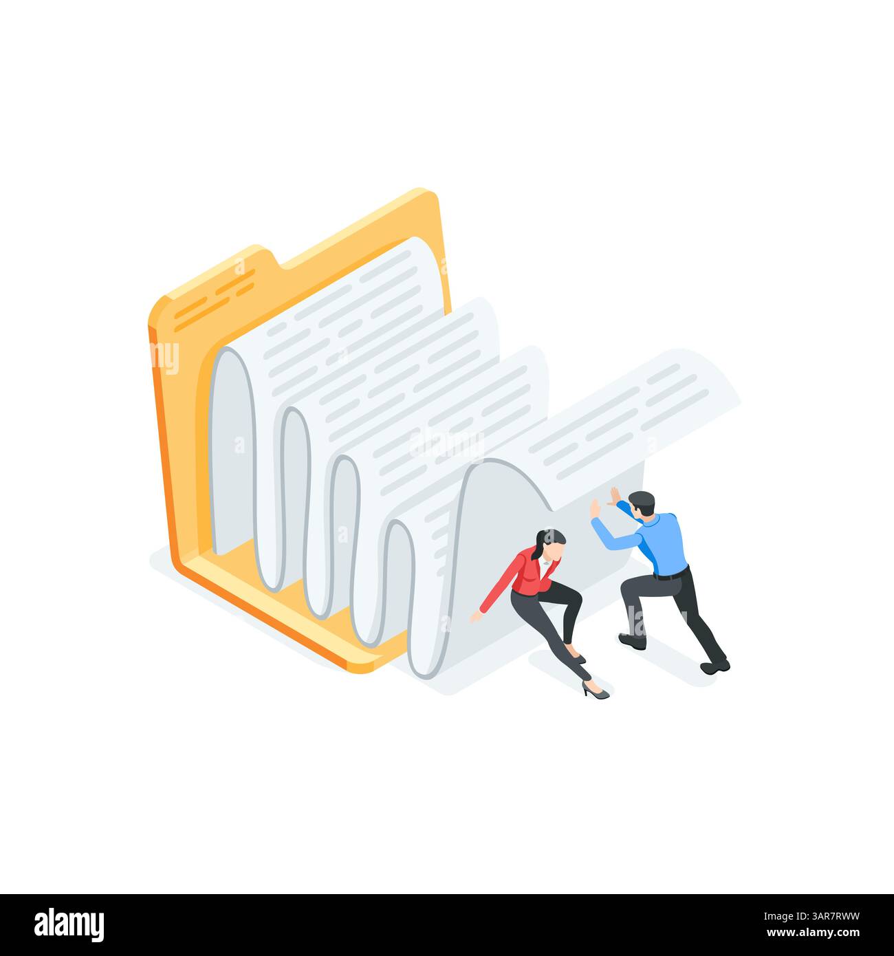 isometric vector business man and woman pushing wave of papers to the ...