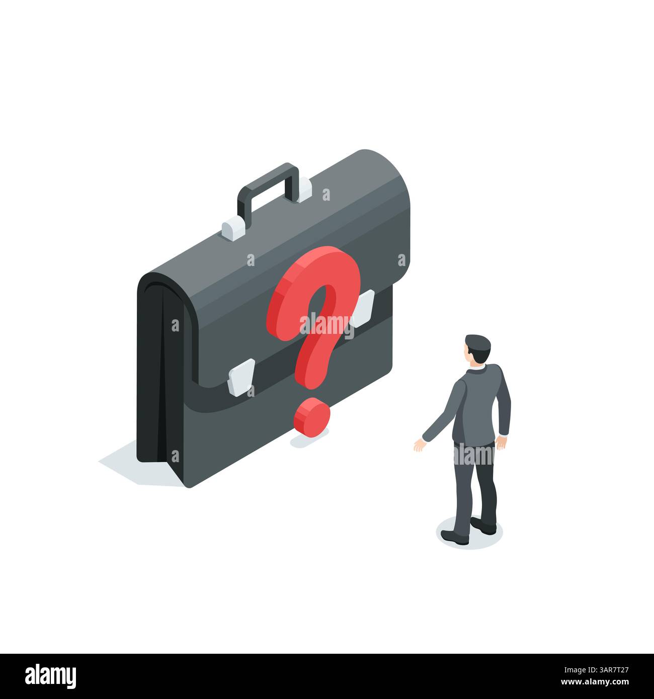 isometric vector business man standing near briefcase with question ...