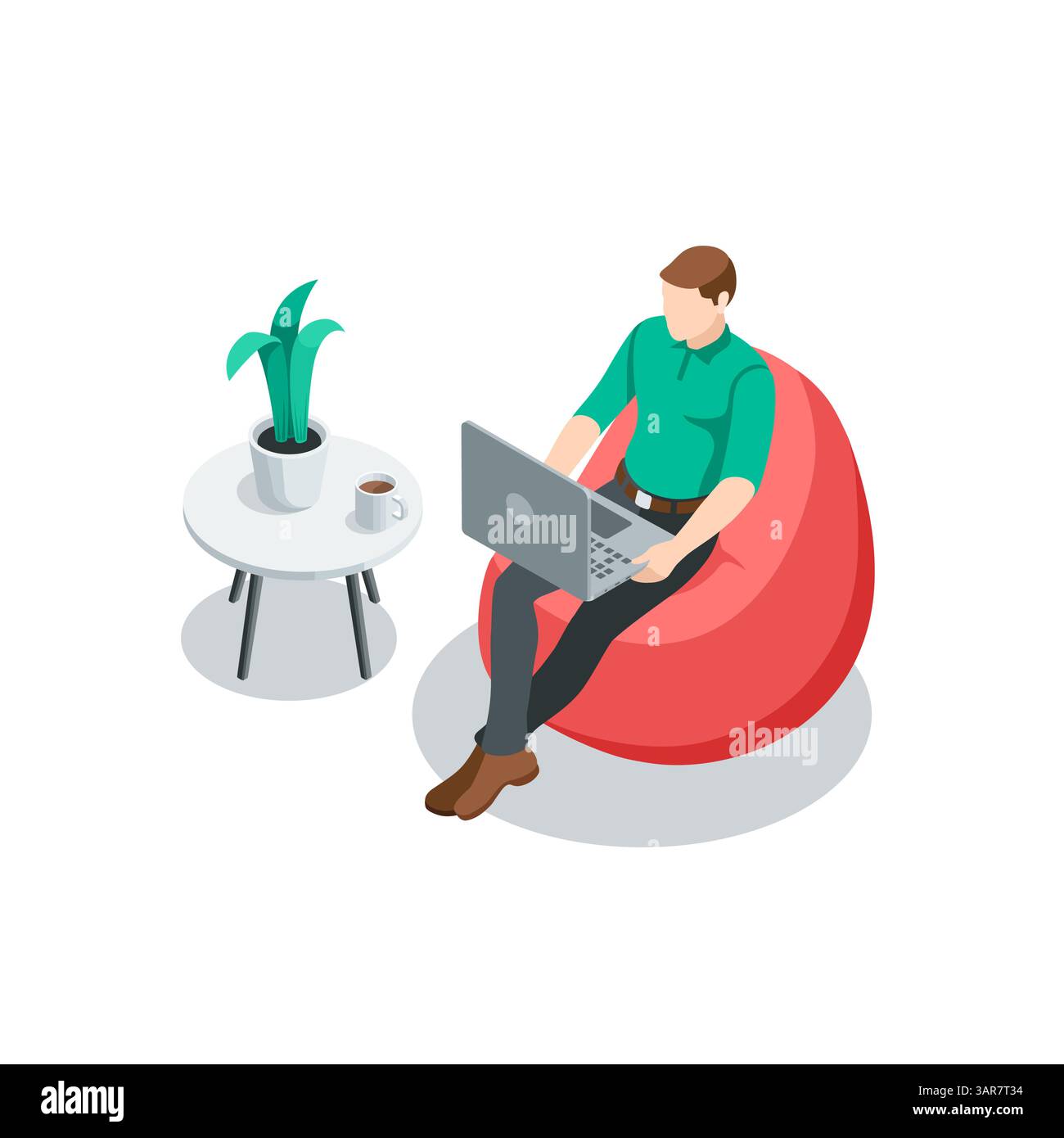 isometric vector man with a laptop sitting in a beanbag chair, in color ...
