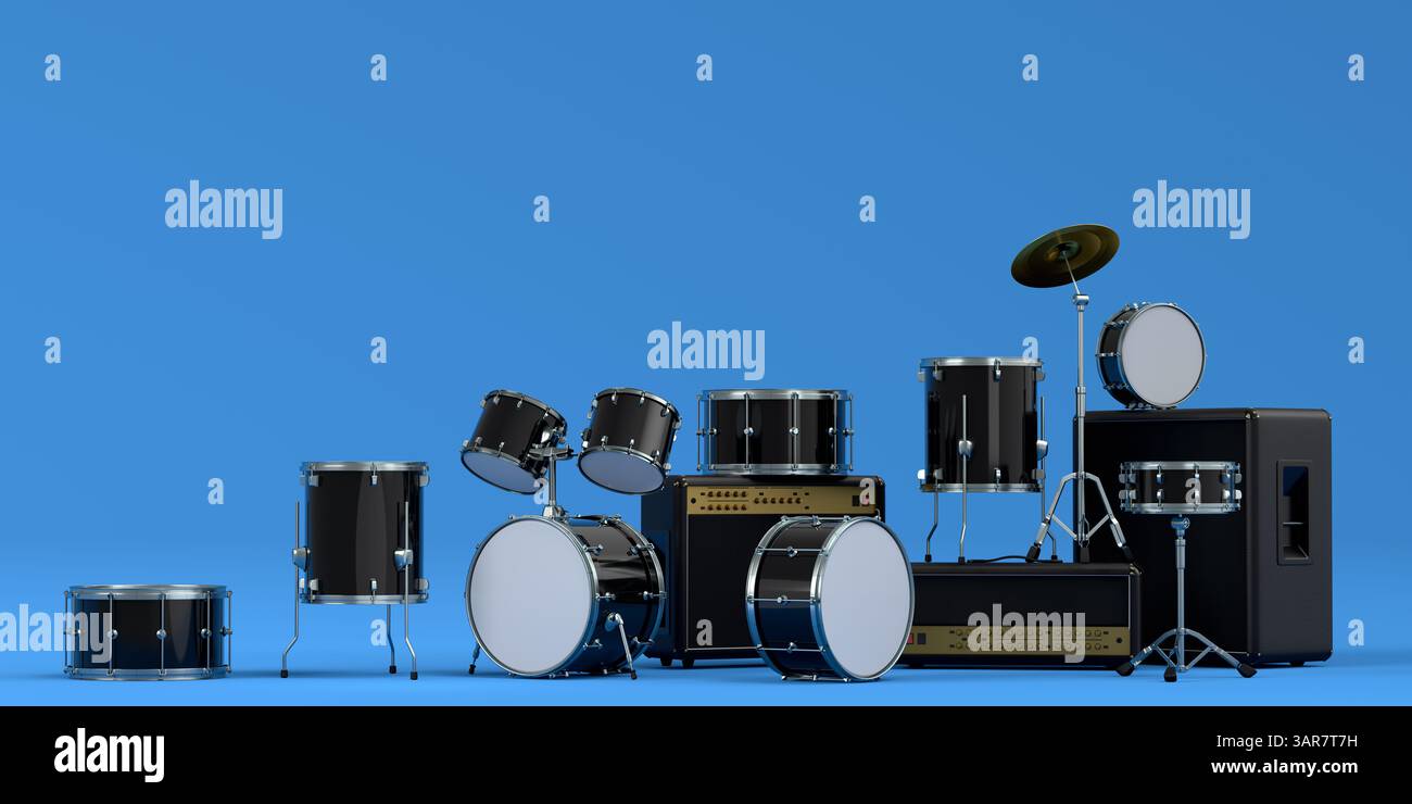 Set of electric acoustic guitars, amplifiers and drums with metal ...