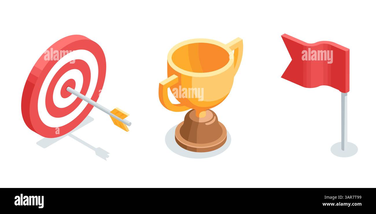 Isometric vector set of target and cup and flag icons, in color on ...