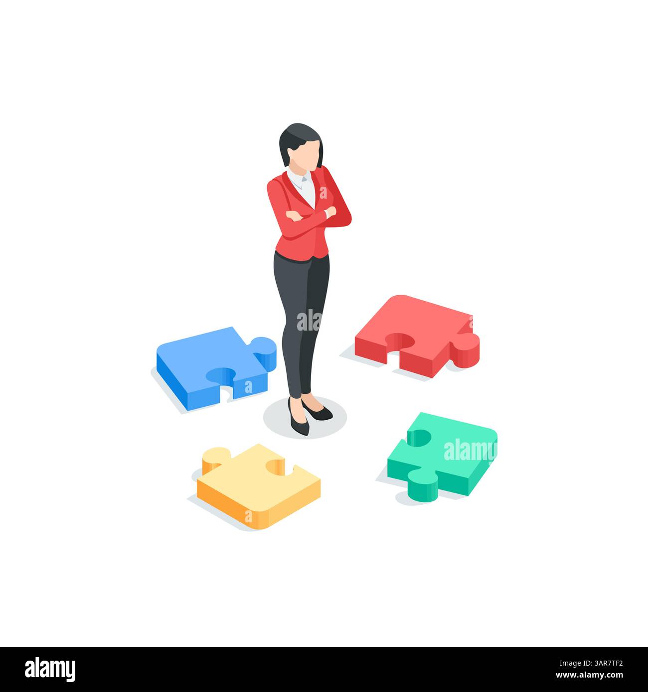 isometric vector business woman standing near scattered puzzle pieces ...