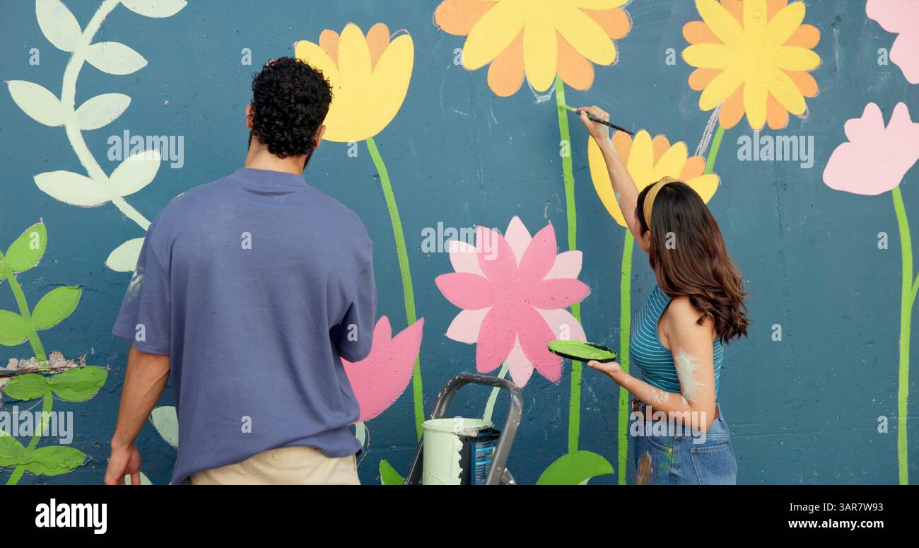Back, couple and painting on wall for art project, mural design and ...