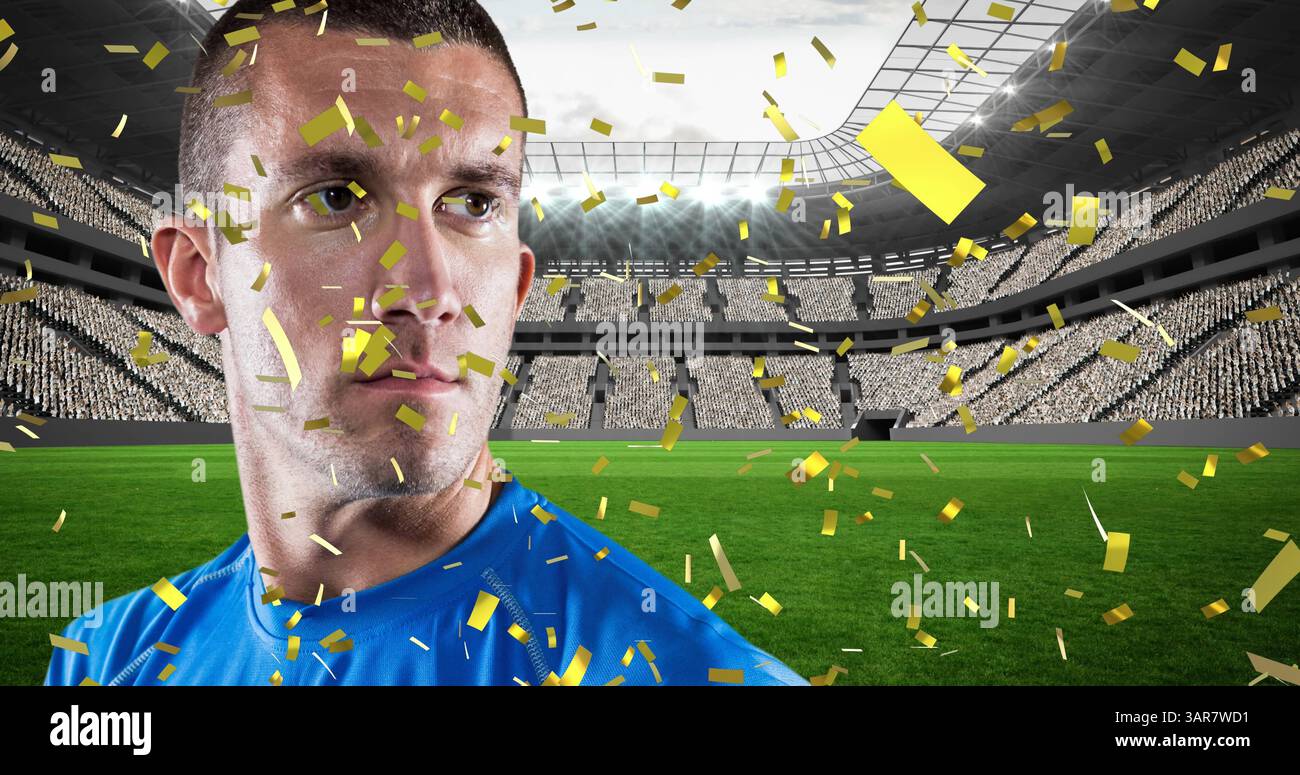 Golden confetti falling over caucasian male rugby player holding a ...