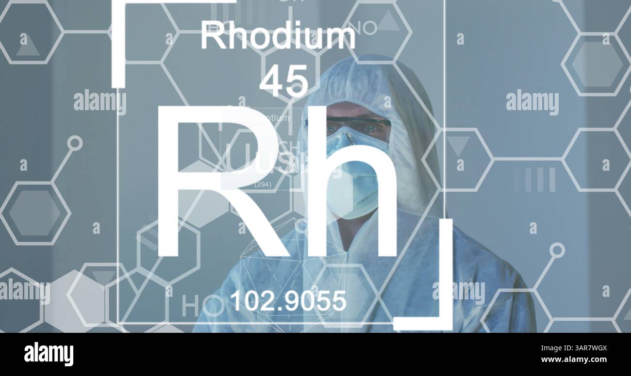 Image of elements and scientific data processing over caucasian man in ...