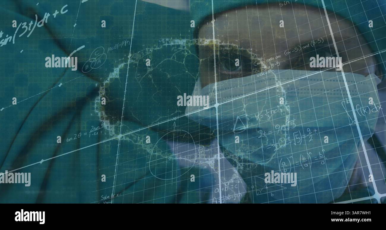 Image of human brain and data processing over female caucasian surgeon ...