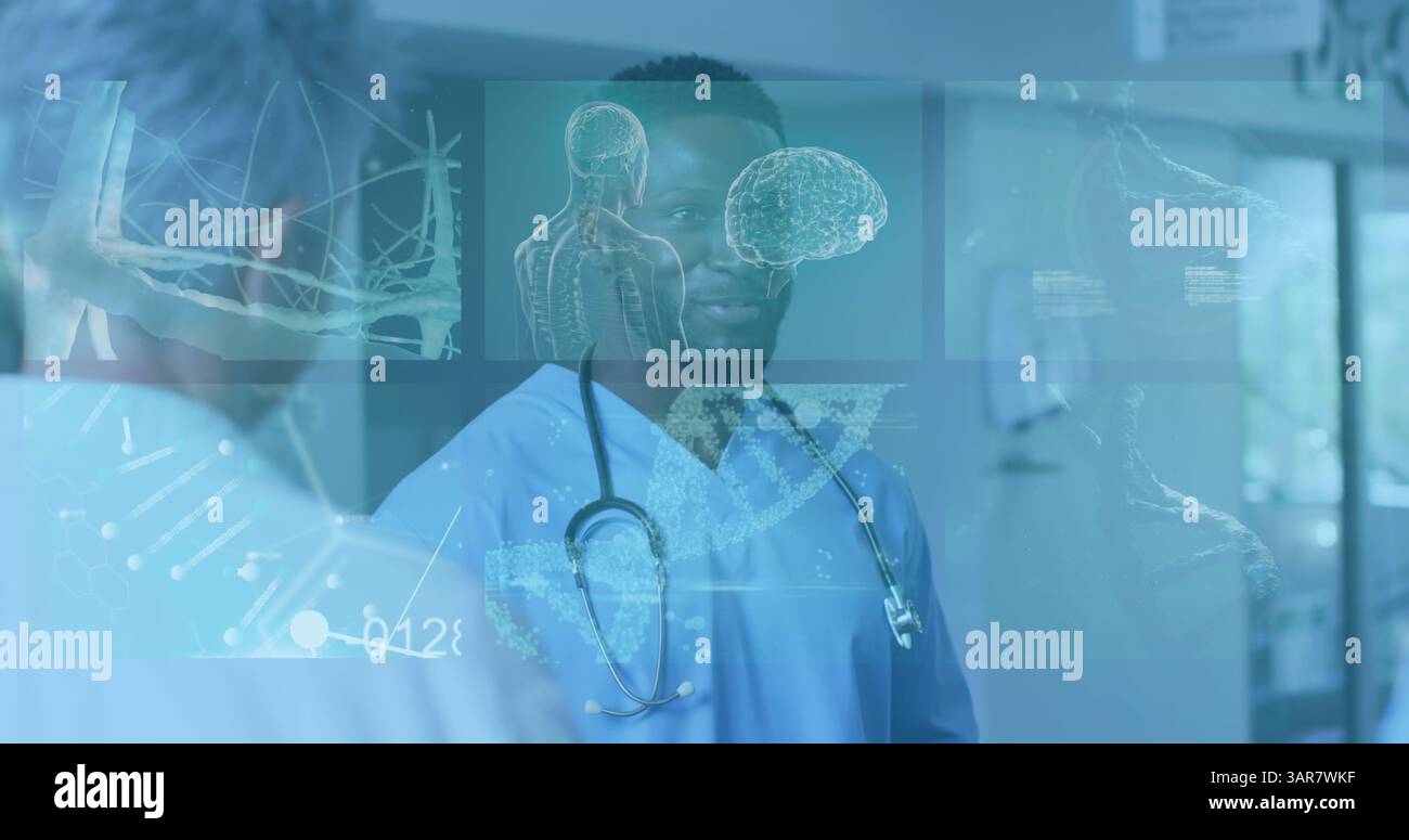 Image of medical data processing on screen over african american male ...