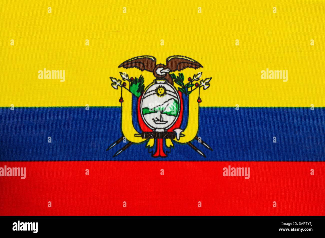 The Ecuadorian flag features horizontal stripes of blue, yellow, and ...