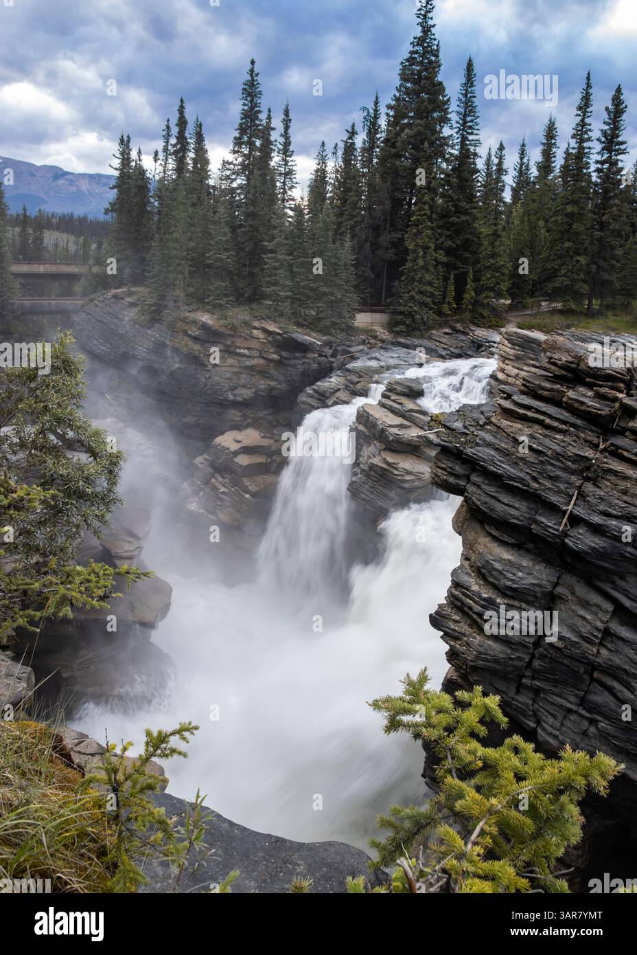 A powerful waterfall plunges into a rocky gorge, creating a mist that ...