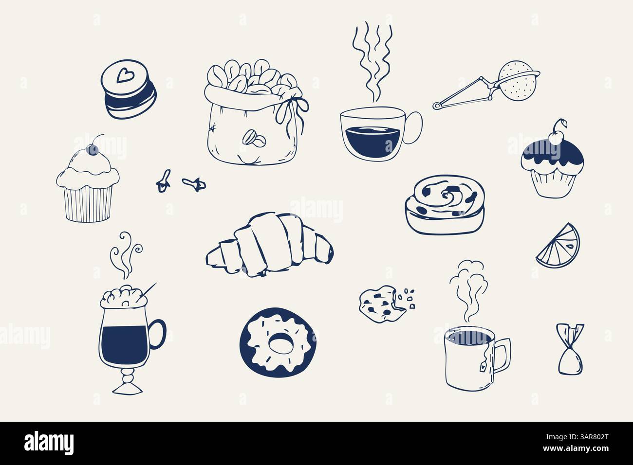 Breakfast tea and coffee sketch retro hand drawn cafe menu elements ...