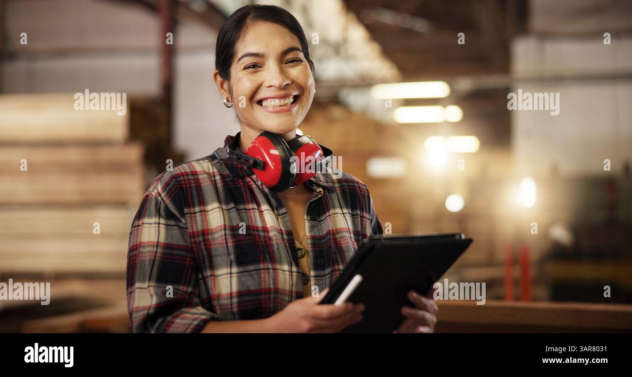 Portrait, happy carpenter and woman with tablet in workshop for ...