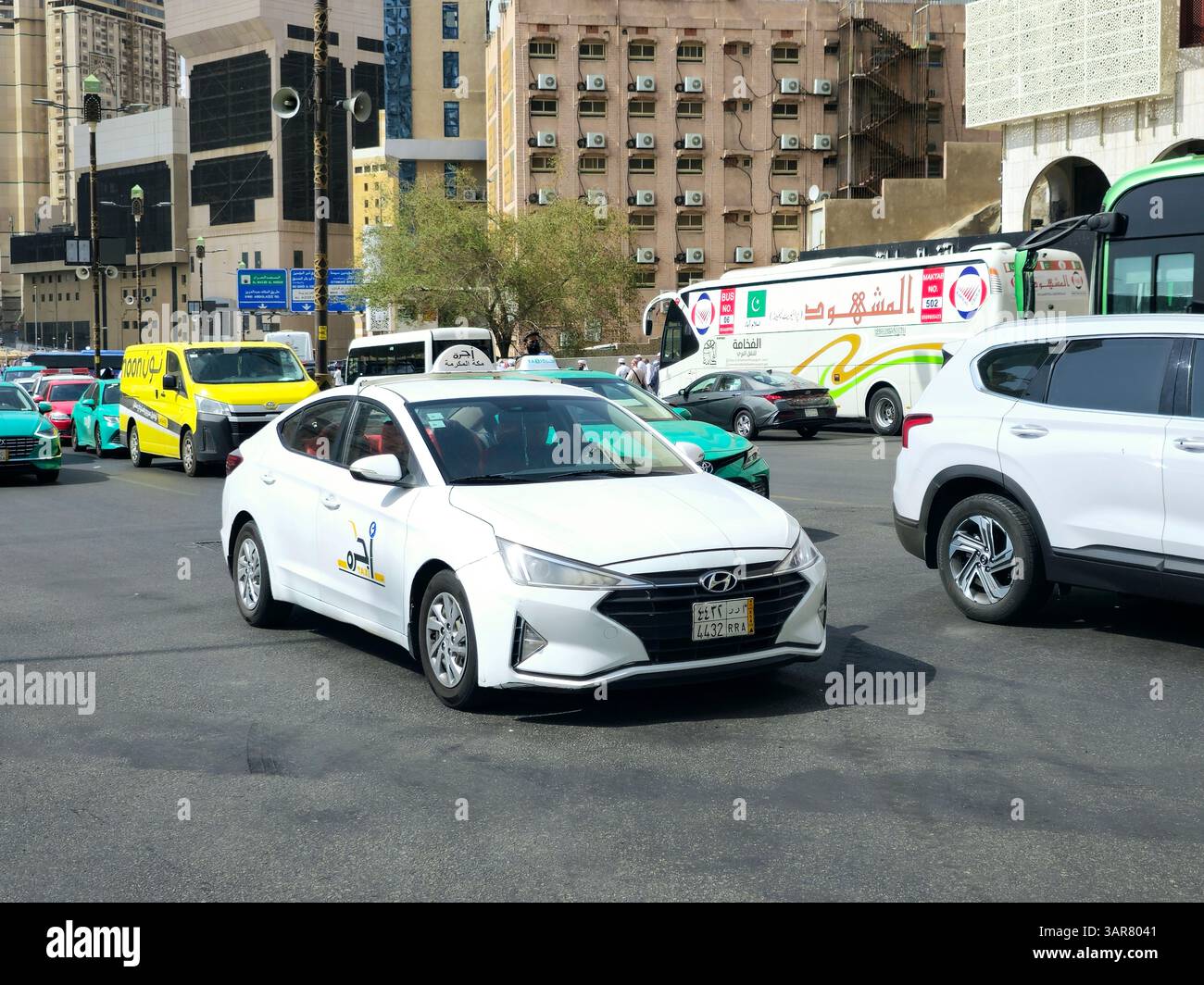 Mecca, Saudi Arabia, June 11 2024: Mecca Makkah Taxi, used to transport Hajj pilgrims inside and ...