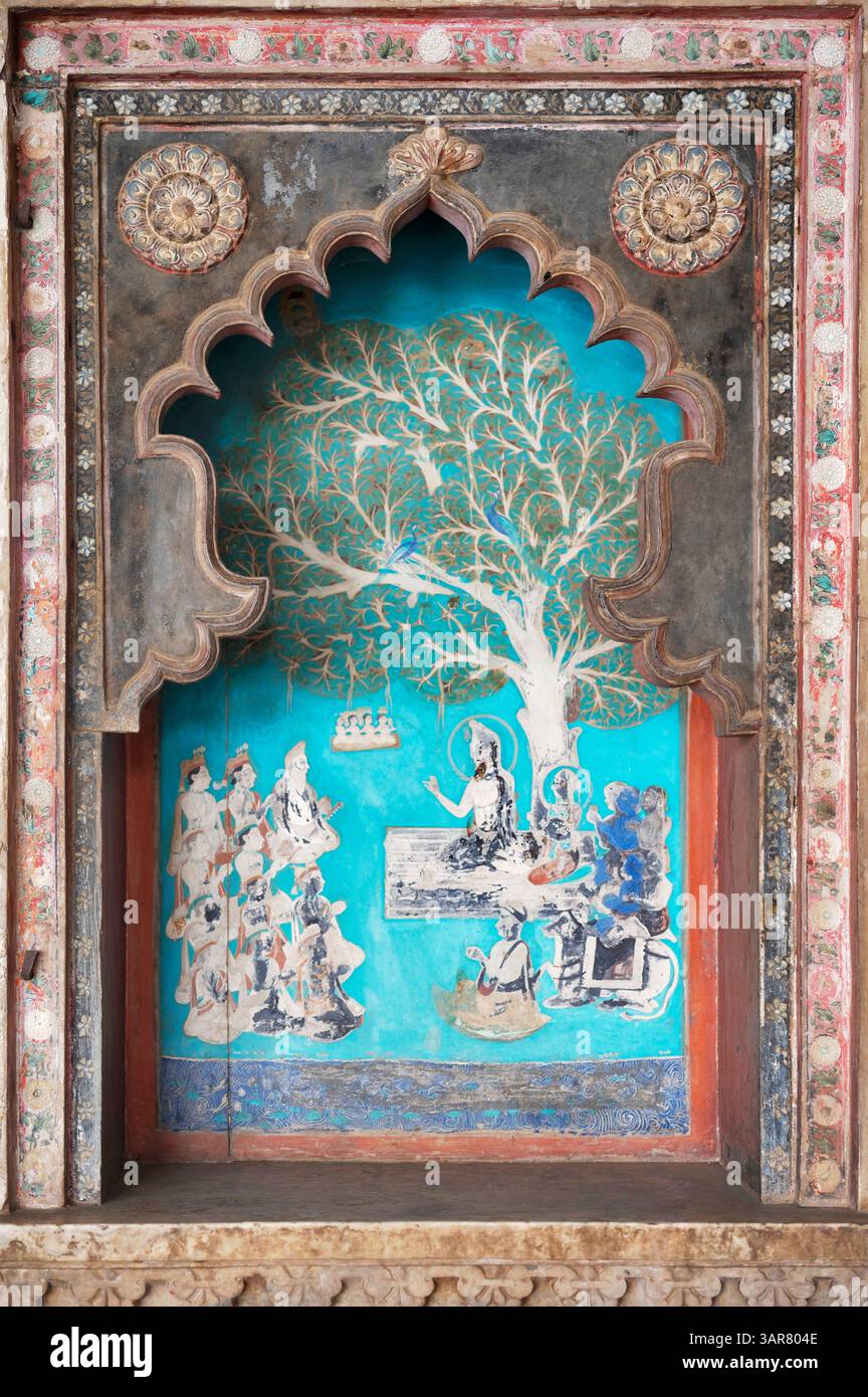 Colourful painting on the inner wall of the Chattar Mahal, Garh Palace ...
