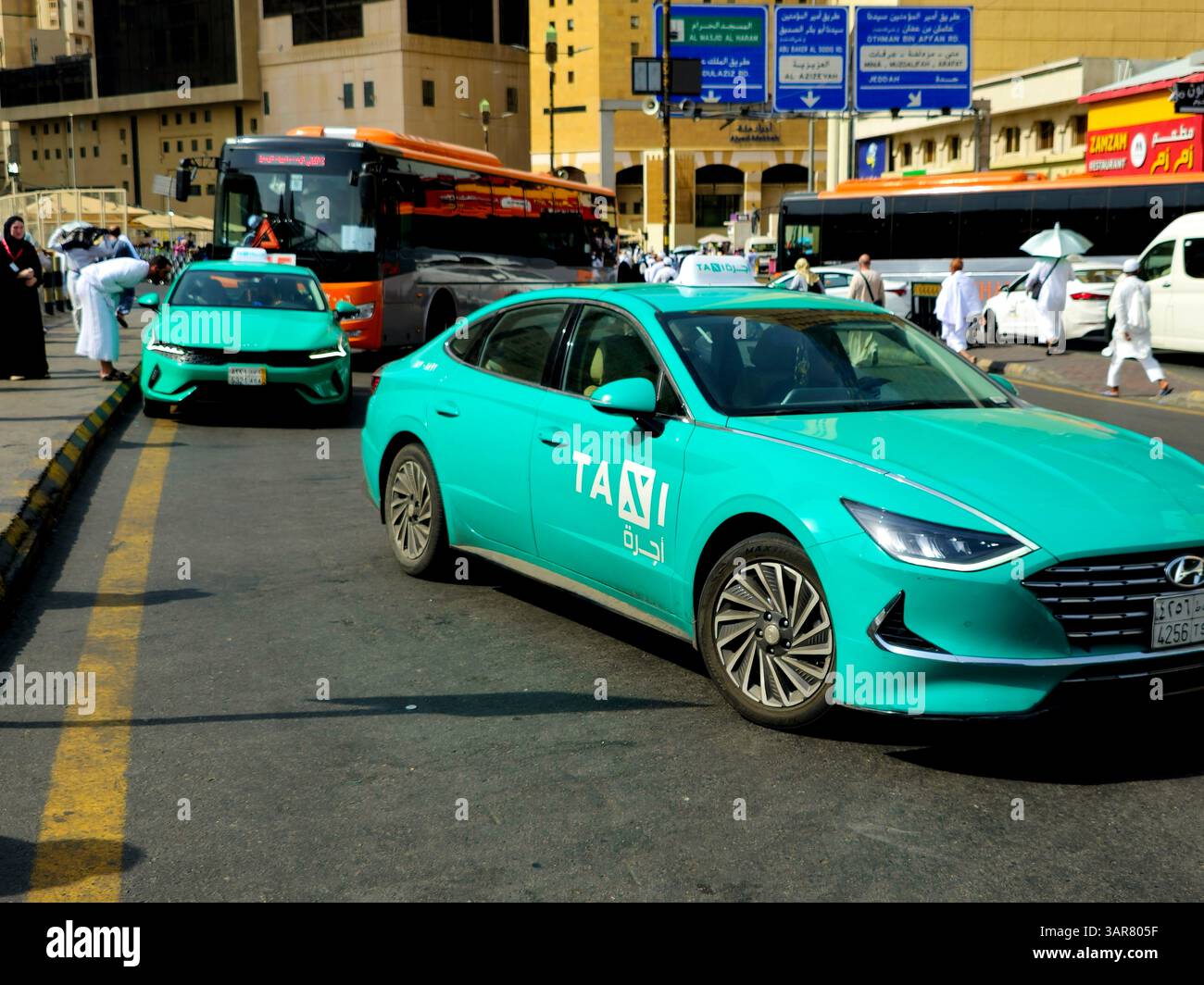 Mecca, Saudi Arabia, June 11 2024: Mecca Makkah Taxi, used to transport Hajj pilgrims inside and ...