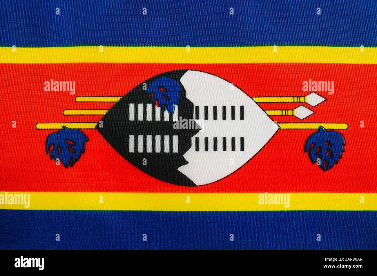 A colorful depiction of the flag of Eswatini, featuring a shield and ...