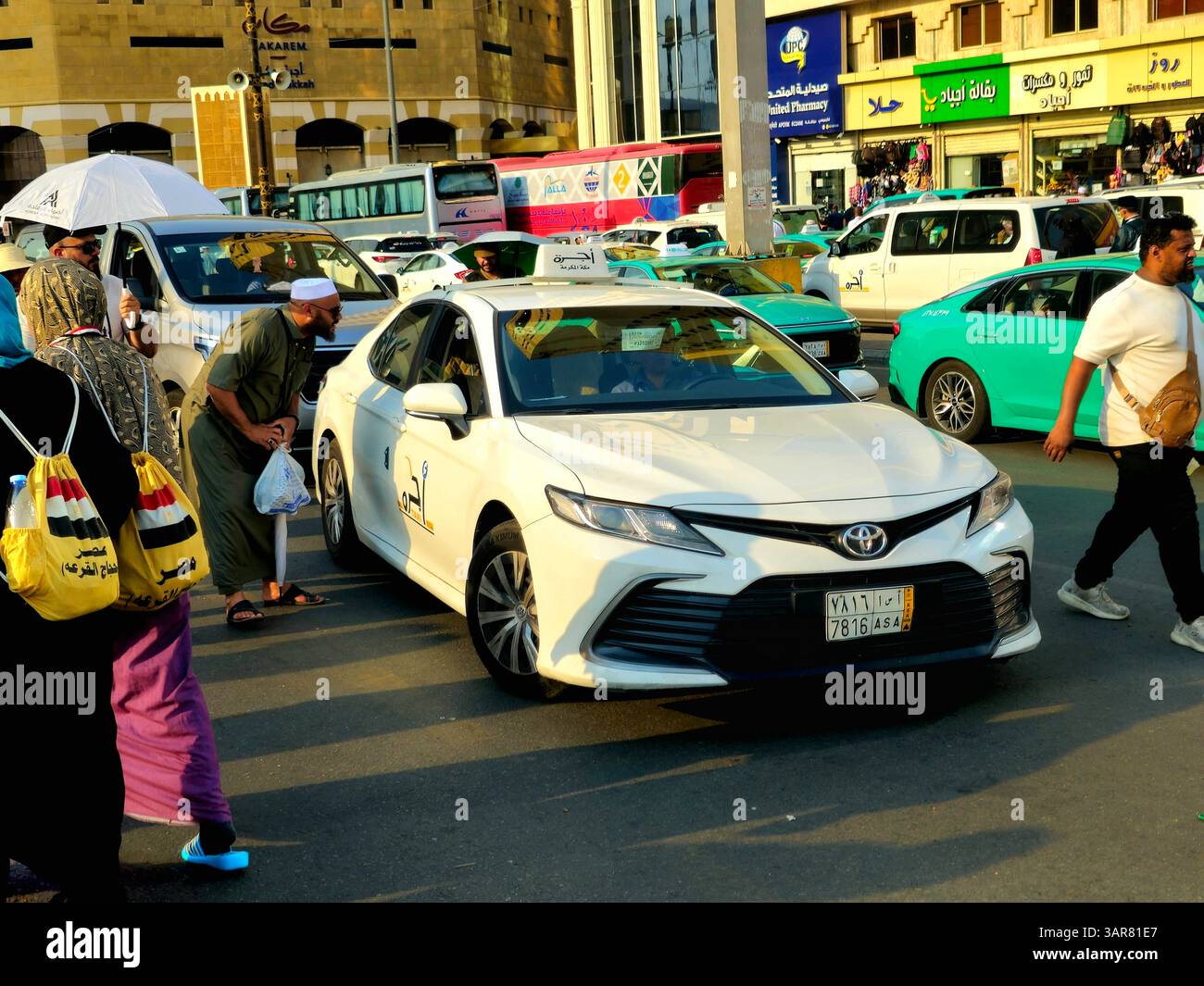 Mecca, Saudi Arabia, June 19 2024: Mecca Makkah Taxi, used to transport Hajj pilgrims inside and ...