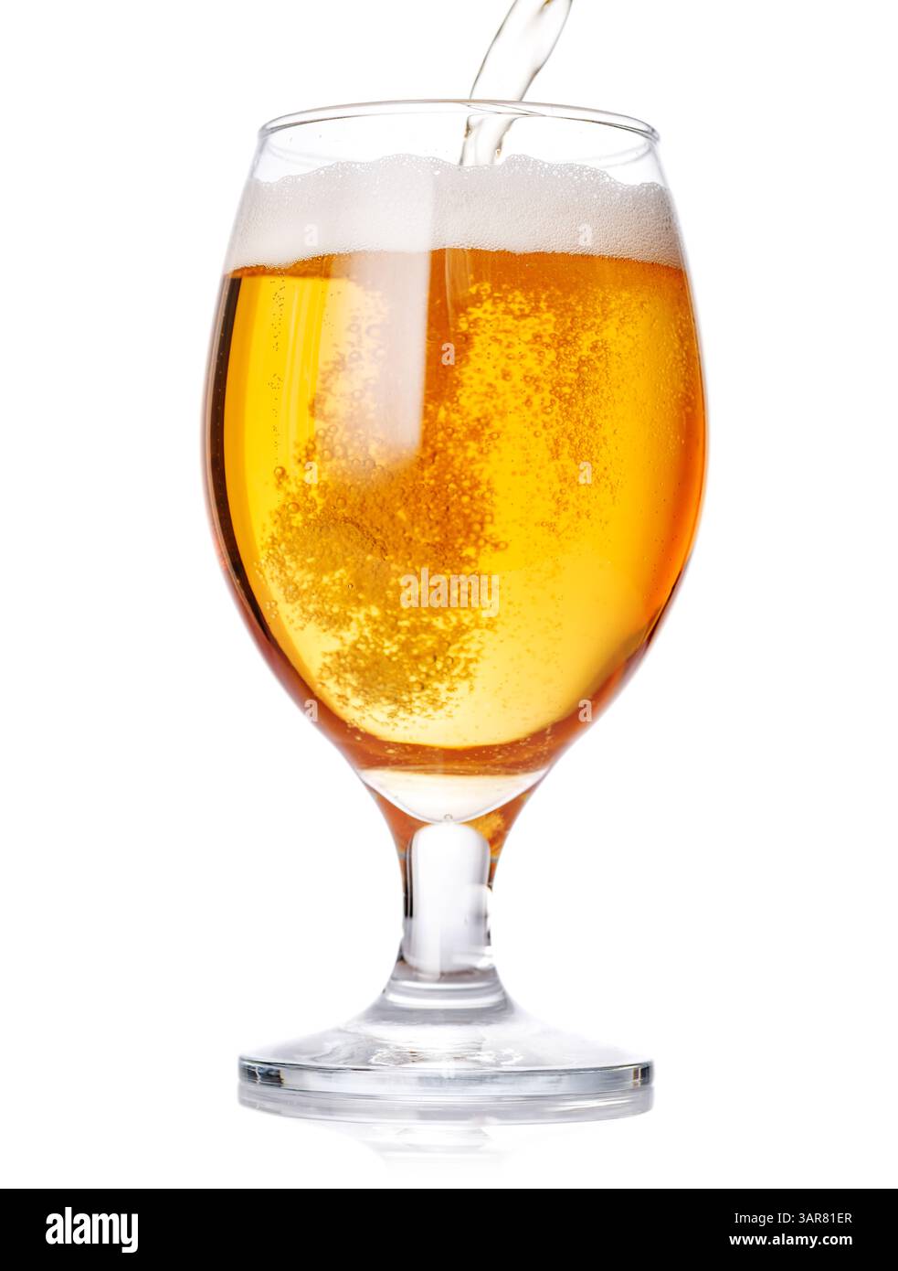 A glass of beer with a golden hue and frothy head, isolated on a clean ...