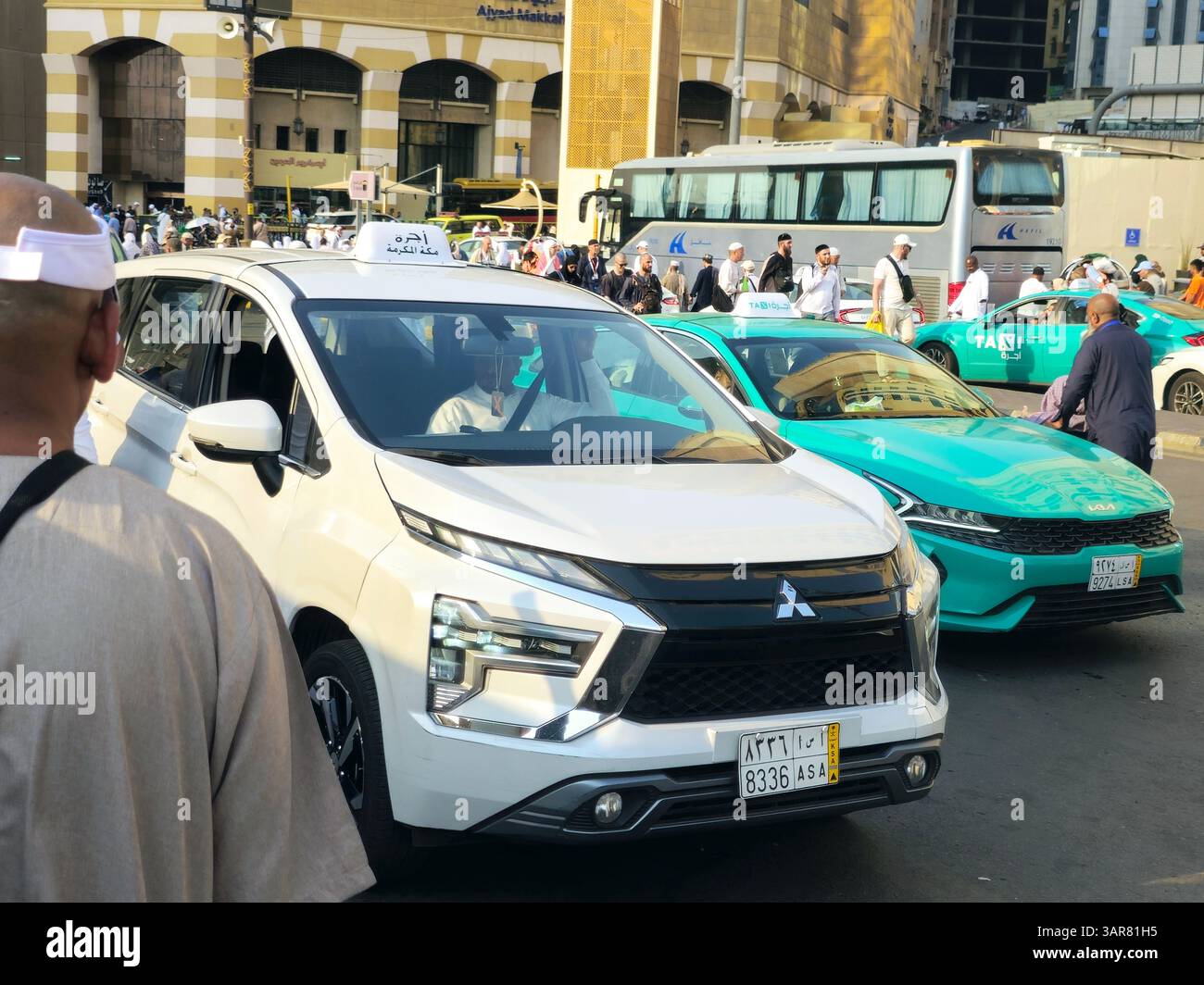 Mecca, Saudi Arabia, June 19 2024: Mecca Makkah Taxi, used to transport Hajj pilgrims inside and ...