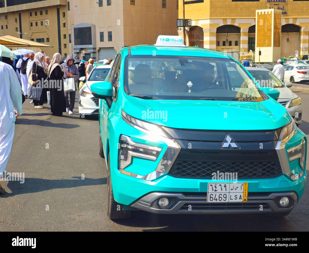 Mecca, Saudi Arabia, June 21 2024: Mecca Makkah Taxi, used to transport Hajj pilgrims inside and ...