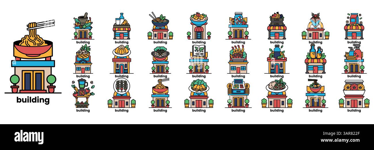 A series of buildings with different types of food on top of them. The ...