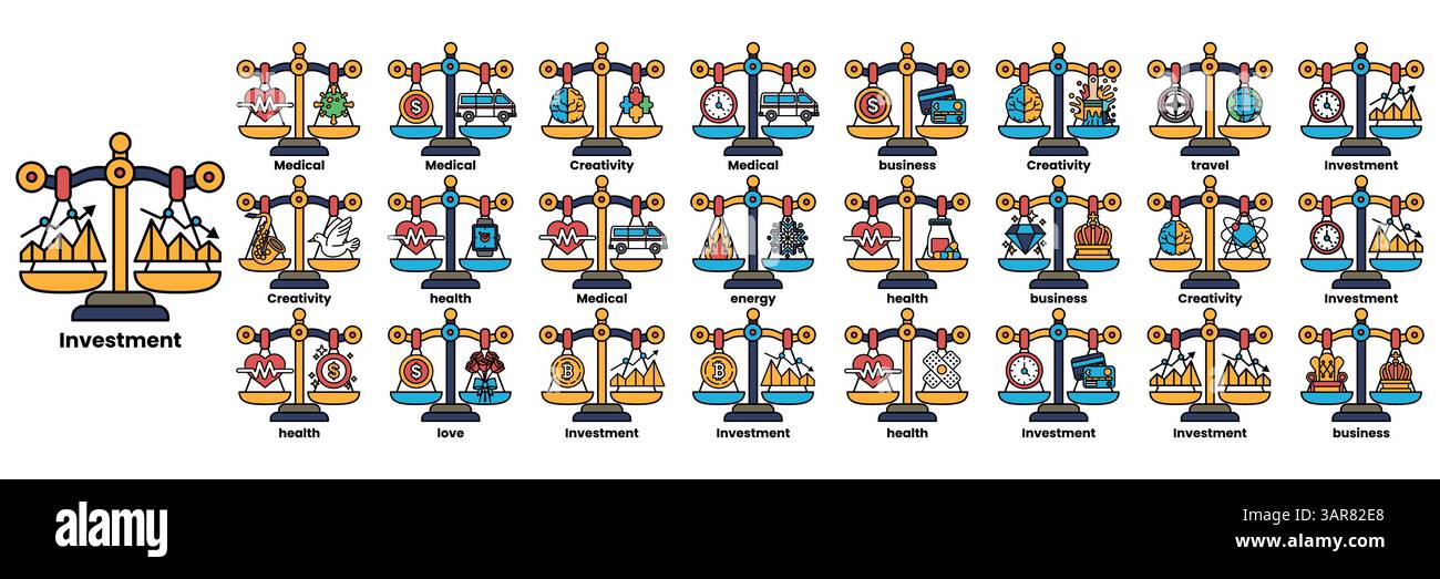 A collection of scales with different weights and items on them. The ...